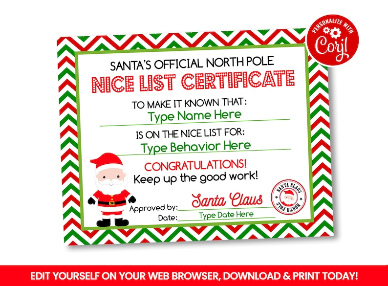 Editable Santa Nice List Certificate Self Editing Santa Claus | Etsy