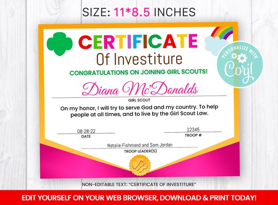 Editable Girl Scout Investiture Certificate, Award Certificate Self ...
