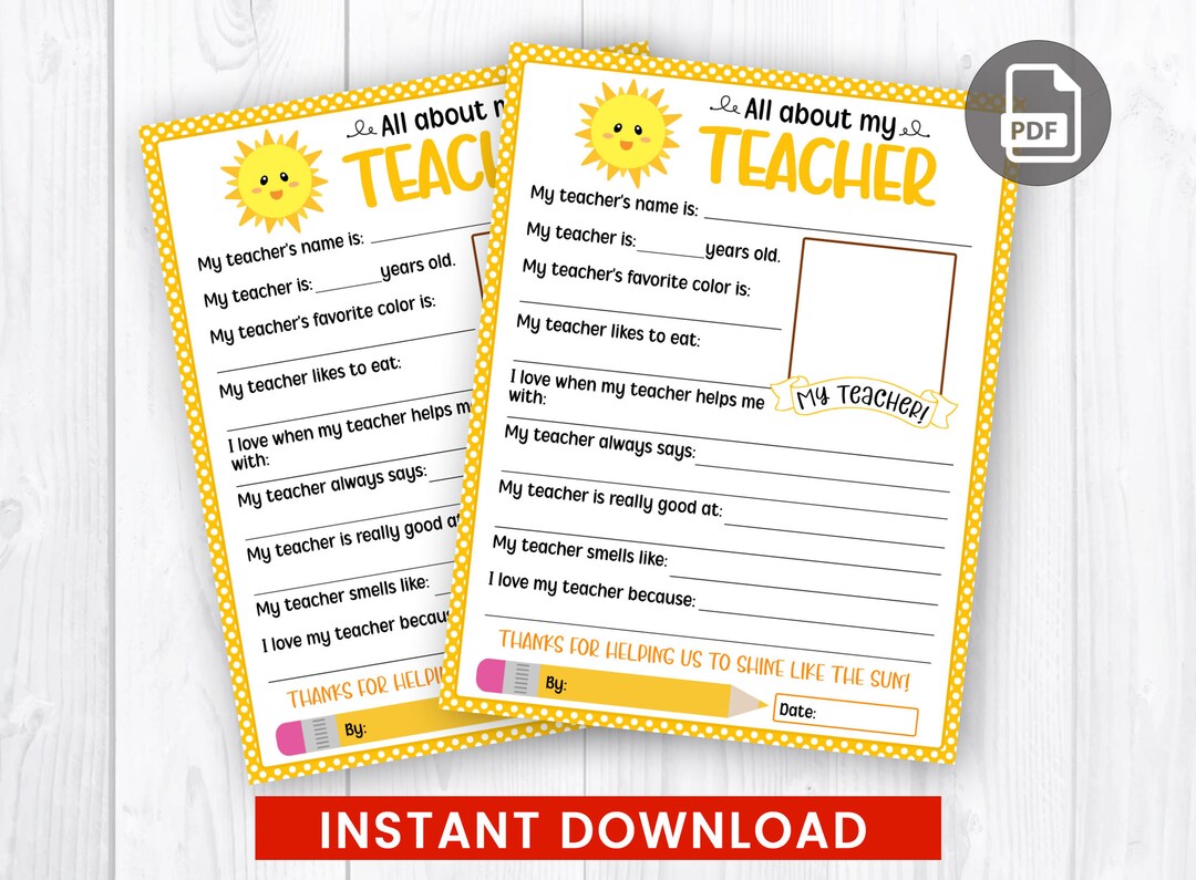 All About My Teacher Appreciation Week Questionnaire, Kids Survey ...