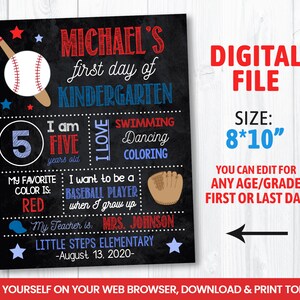 EDITABLE Baseball 1st Day of School Chalkboard Sign Sports - Etsy