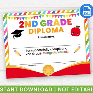 Printable 2nd Grade Graduation Diploma, End of School Certificate, PDF ...