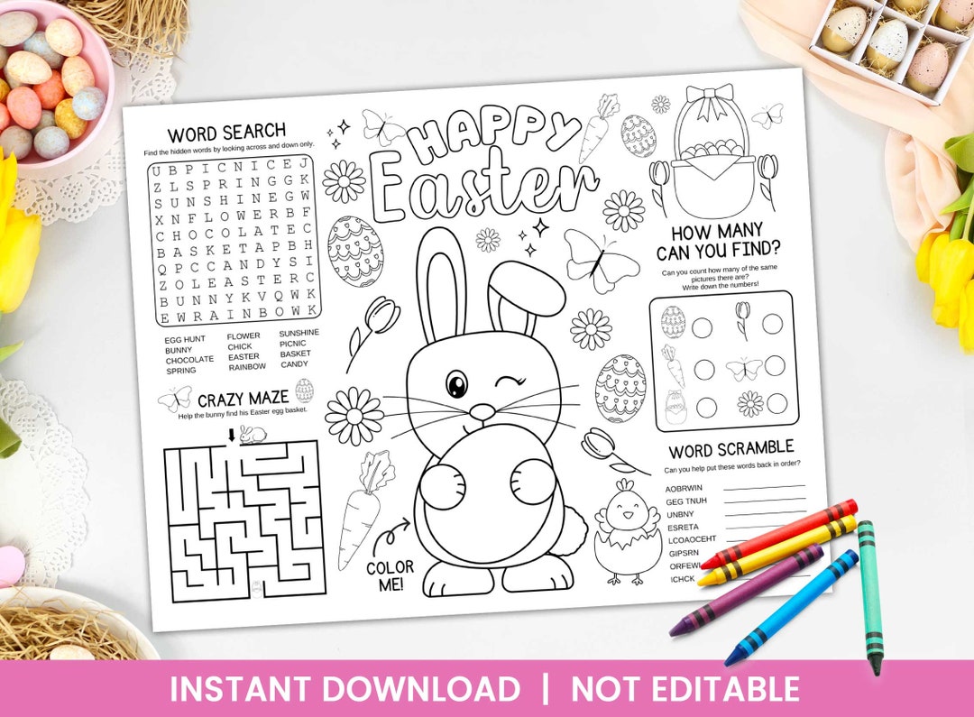 Happy Easter Printable Kids Activity Placemat | Coloring, Games, and ...