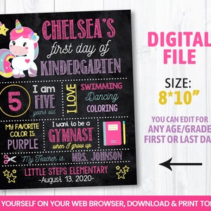 EDITABLE Unicorn 1st Day of School Chalkboard Sign, Rainbow Self ...