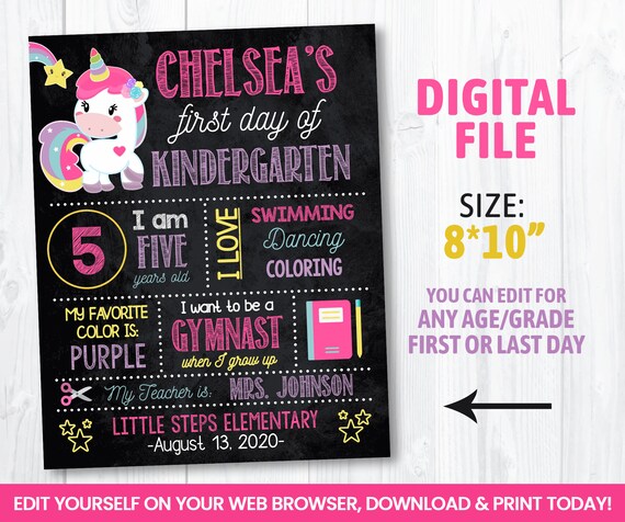 EDITABLE Unicorn 1st Day of School Chalkboard Sign Rainbow | Etsy
