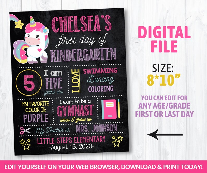 EDITABLE Unicorn 1st Day of School Chalkboard Sign Rainbow | Etsy
