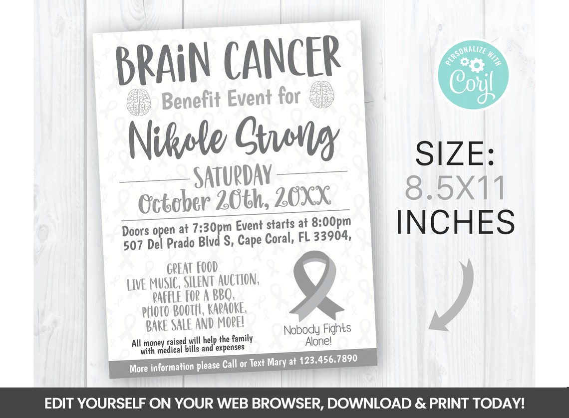 EDITABLE Brain Cancer Fundraiser Event Flyer Gray Ribbon - Etsy