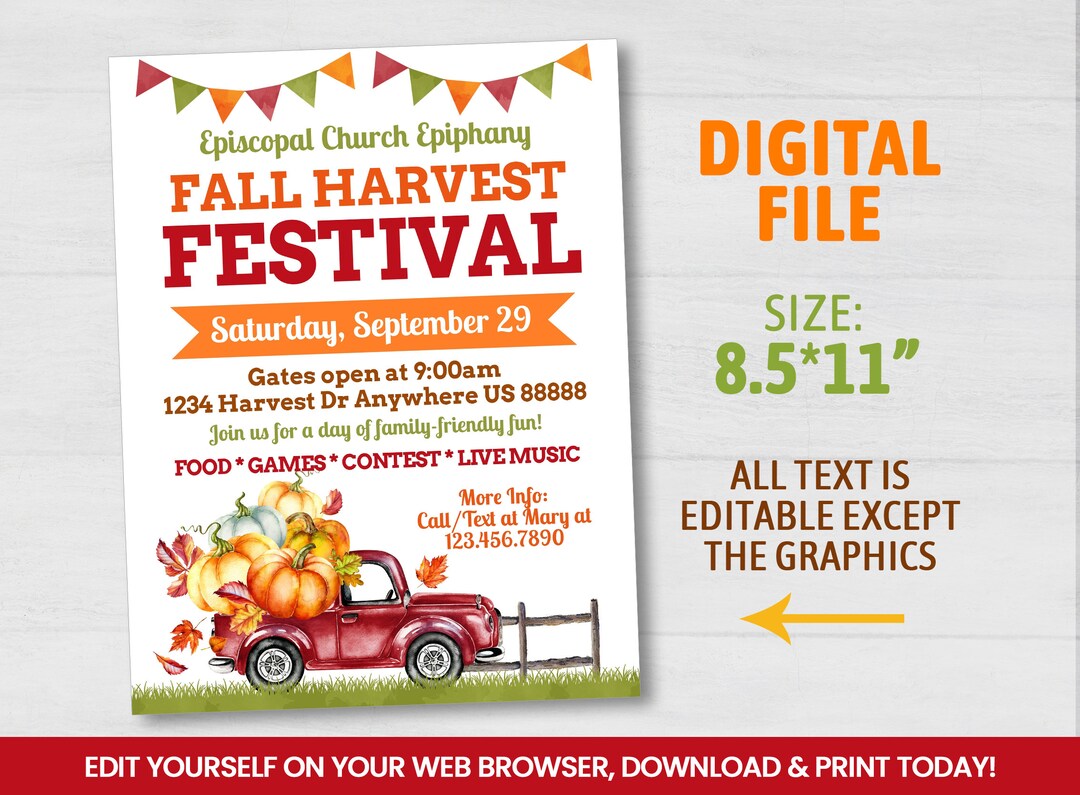 EDITABLE Fall Harvest Block Party Flyer Template, Red Truck With ...