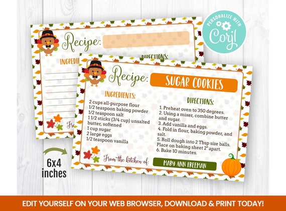 Editable Thanksgiving Cookie Exchange Recipe Card, Fall Recipe Self ...