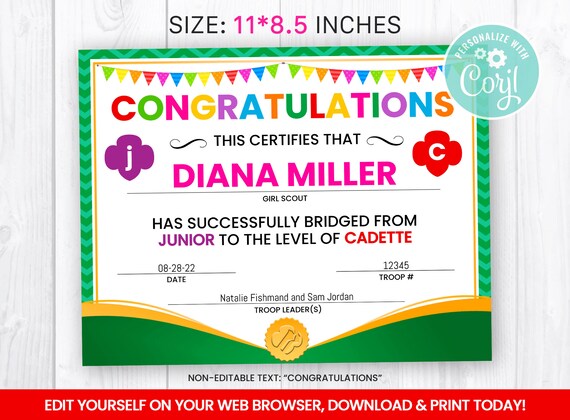 Editable Girl Scout Bridging Certificate, Junior to Cadette Ceremony ...