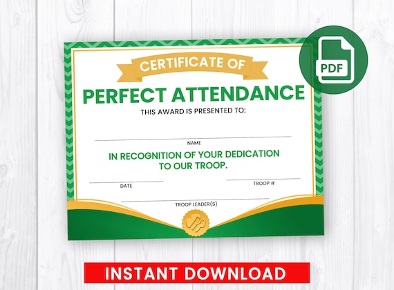 Perfect Attendance Certificate, Multilevel Award Certificate. PDF ...