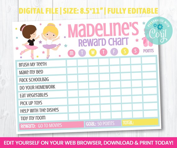 EDITABLE Ballerina Reward Chart, Dance Girl Routine Chart, Self Editing ...