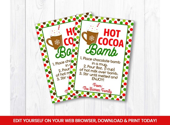 EDITABLE Christmas Hot Cocoa Bomb Gift Tags, Chocolate Bomb ...