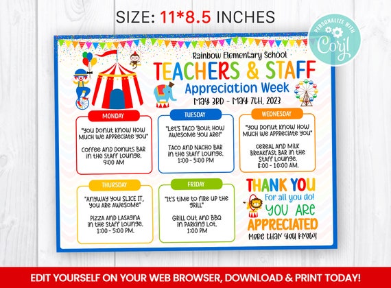 EDITABLE Teacher and Staff Appreciation Week Flyer, Itinerary Week Self ...