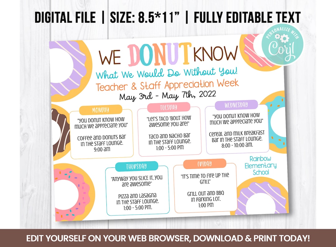 EDITABLE Teacher and Staff Appreciation Week Flyer, Itinerary Week Self ...