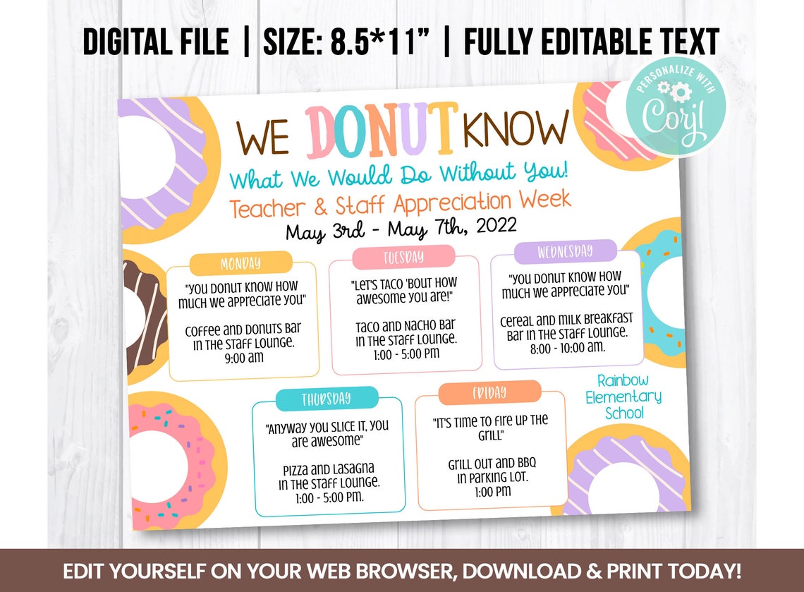 EDITABLE Teacher and Staff Appreciation Week Flyer Itinerary - Etsy