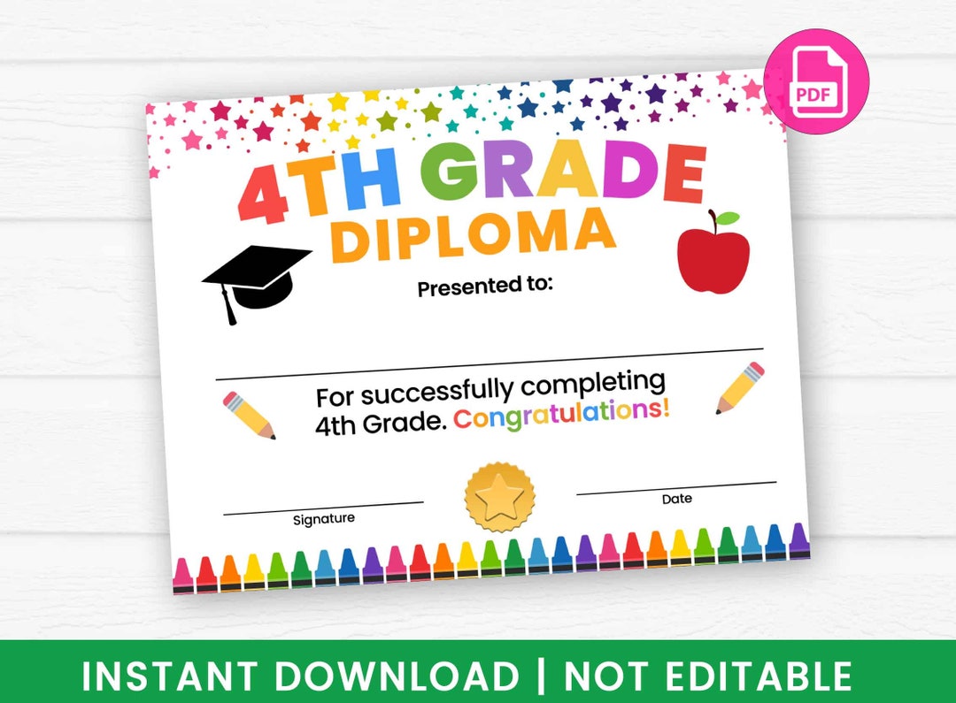 Printable 4th Grade Graduation Diploma, End of School Certificate ...