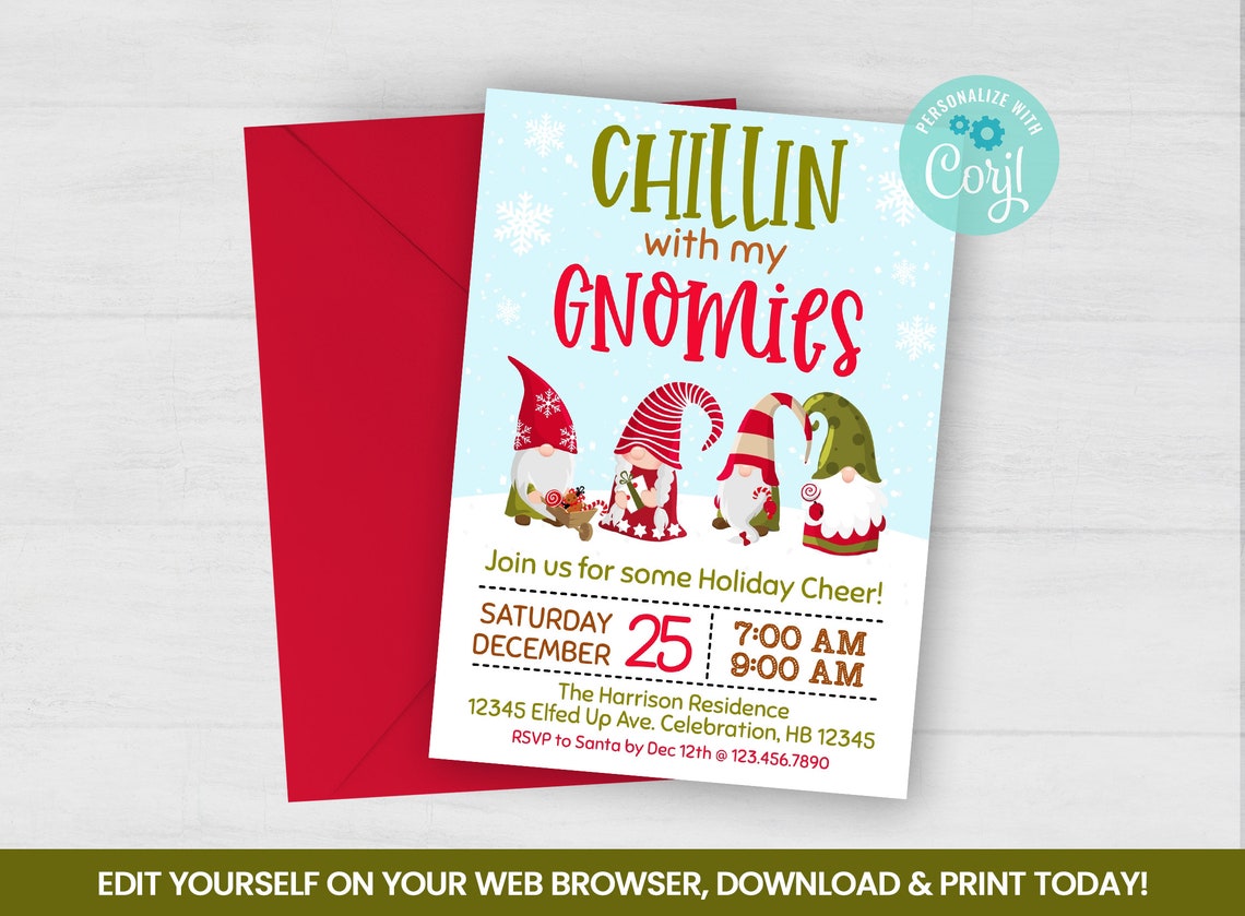 Editable Gnomes Kids Party Invitation Holiday Gift Exchange | Etsy