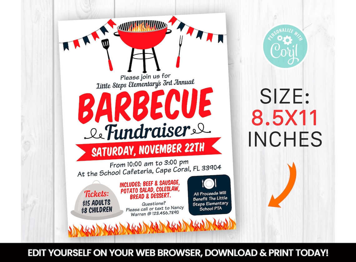 EDITABLE Barbecue Fundraiser Flyer Template Charity Non - Etsy