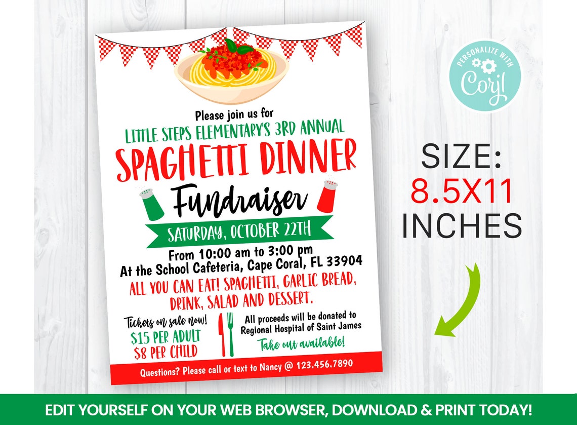EDITABLE Spaghetti Dinner Fundraiser Flyer Template Charity - Etsy