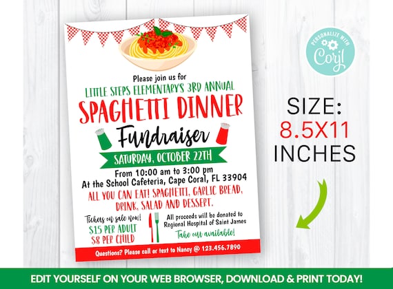 EDITABLE Spaghetti Dinner Fundraiser Flyer Template, Charity Non Profit ...