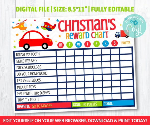 EDITABLE Transportation Reward Chart, Car, Airplane, Helicopter Routine ...