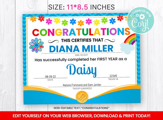 Editable First Year of DAISIES Completion Certificate, Daisy ...