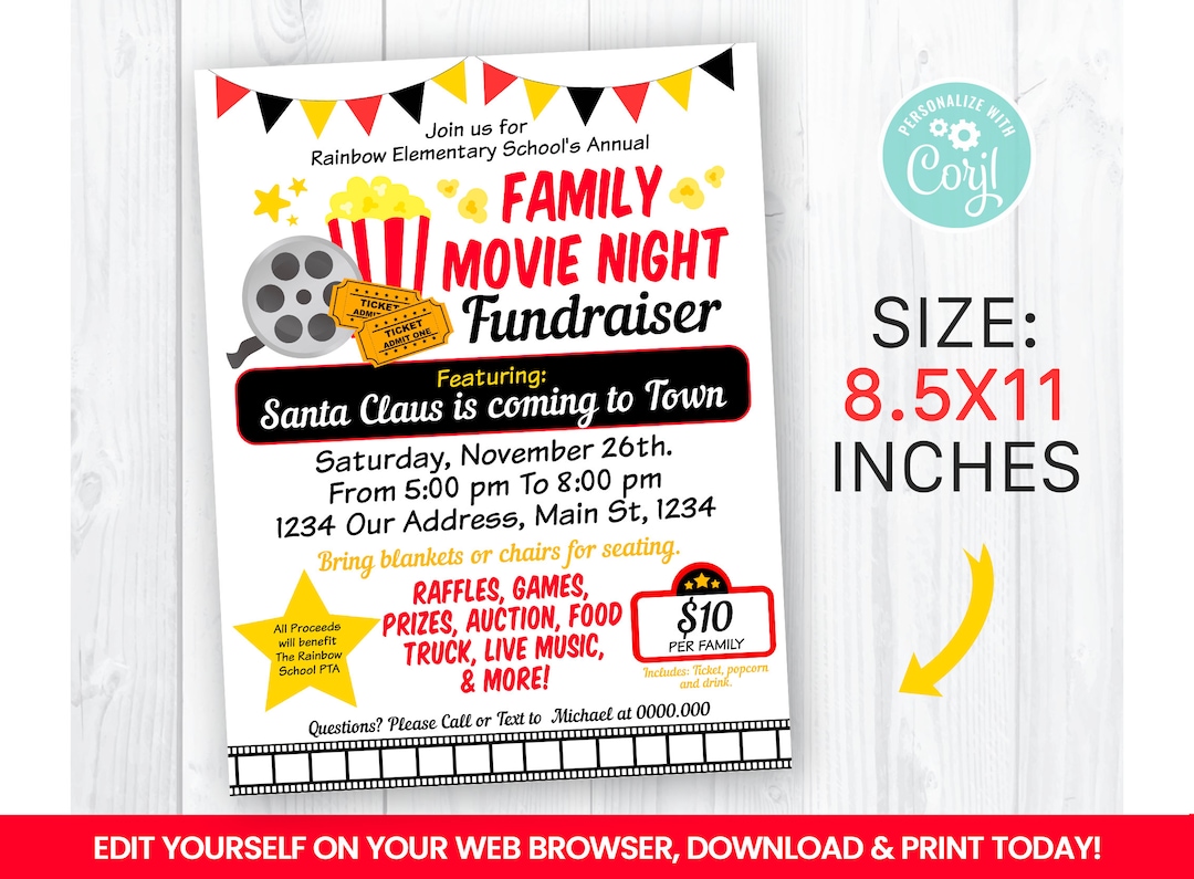 EDITABLE Family Movie Night Fundraiser Flyer Template, Charity Non ...