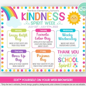 Editable Kindness Spirit Week Flyer - Self Editing, Weekly Planner ...