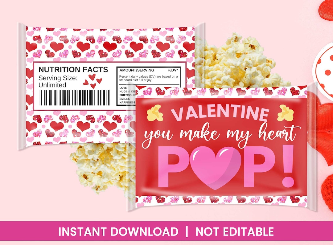 Printable Microwave Popcorn Wrapper for Valentine's Day Glitter Hearts ...
