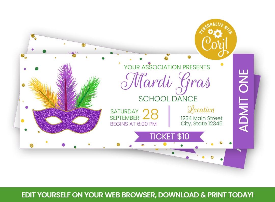 EDITABLE Masquerade Party Ticket, Mardi Gras Mask Self Editing Voucher ...