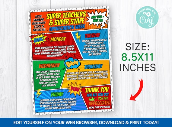 EDITABLE Superhero Teacher & Staff Appreciation Flyer, Comic Itinerary ...