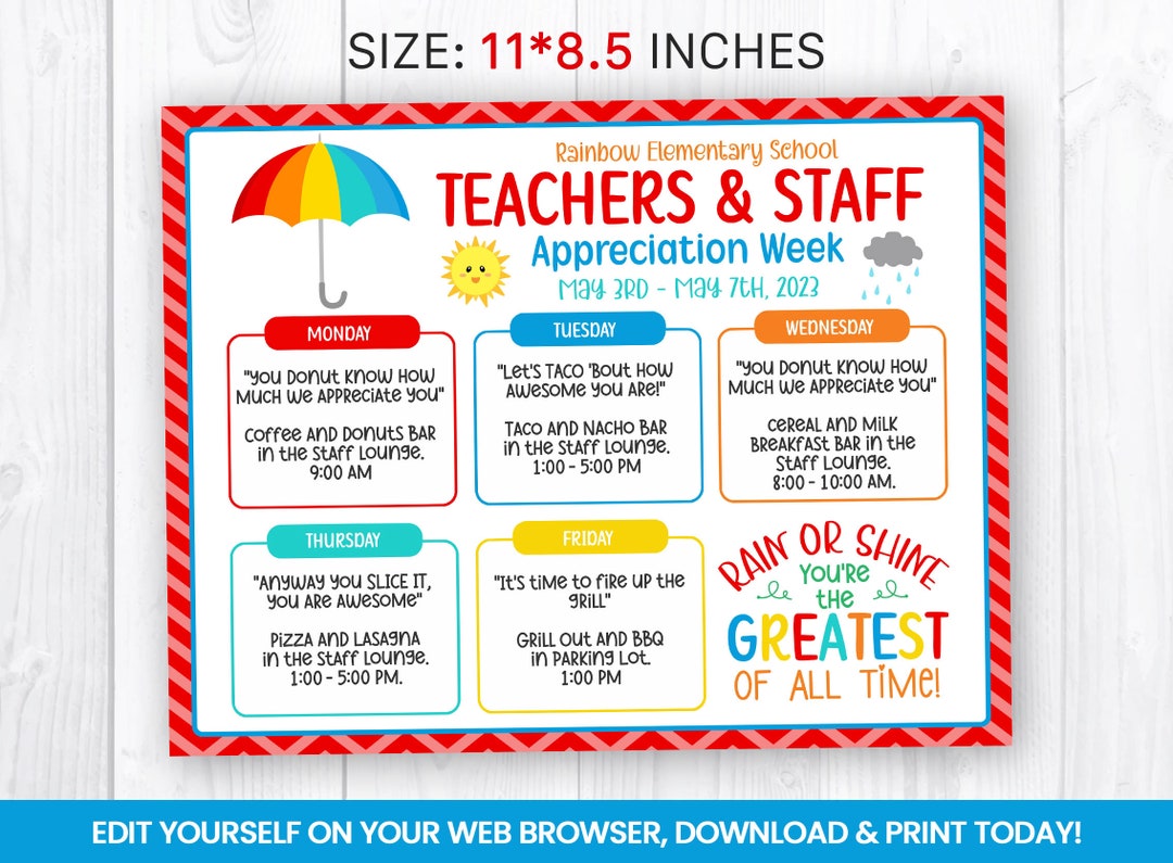 EDITABLE Colorful Umbrella Teacher & Staff Appreciation Flyer, Sun ...