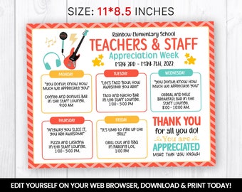 EDITABLE Rock Star Teacher and Staff Appreciation Week Itinerary ...