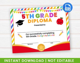 Fifth Grade Graduation Diploma Certificate Instant Download Printable ...