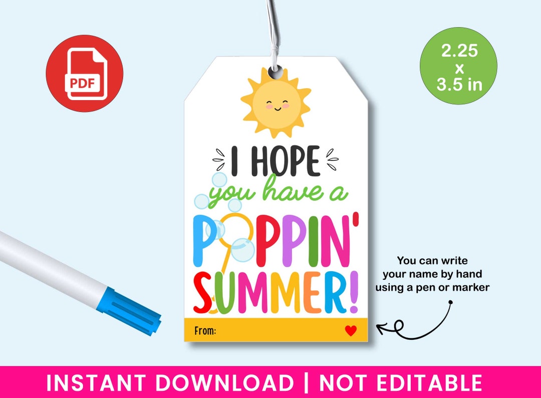 Bubbles Wand Printable Gift Tags, Summer Tag Design, Beach Themed, Pool ...