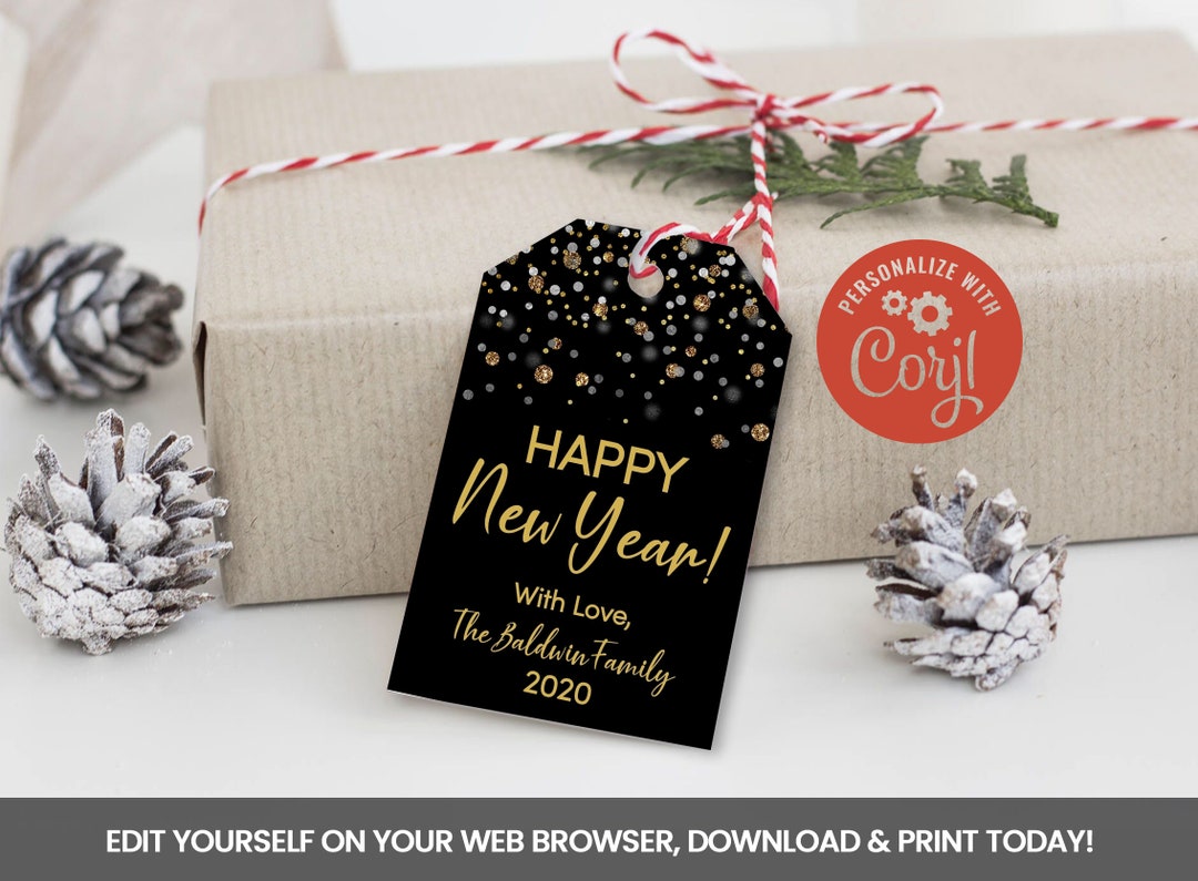 Editable Happy New Year Gift Tags Black and Glitter Gold - Etsy