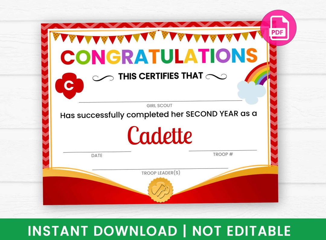 Second Year as a CADETTE Completion Certificate, Cadette Investiture ...