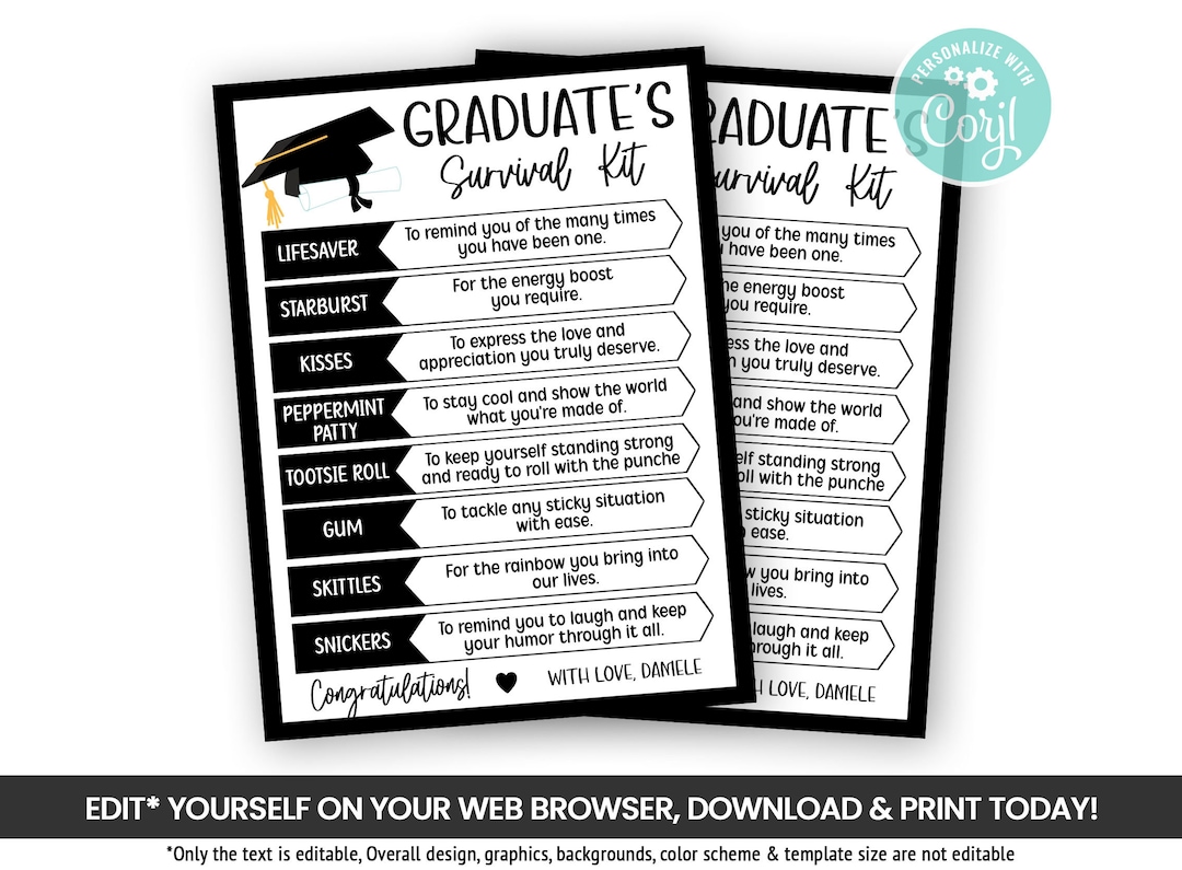 Printable Editable Graduate Survival Kit Template, Self Editing ...