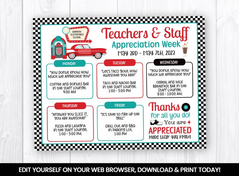 EDITABLE Retro 50's Teacher & Staff Appreciation Flyer - Etsy