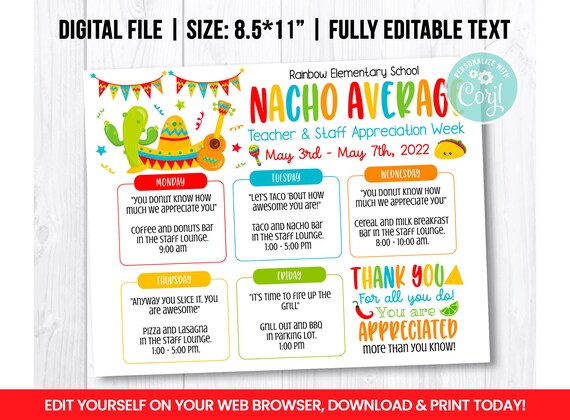 EDITABLE Teacher and Staff Appreciation Week Flyer, Itinerary Week Self ...