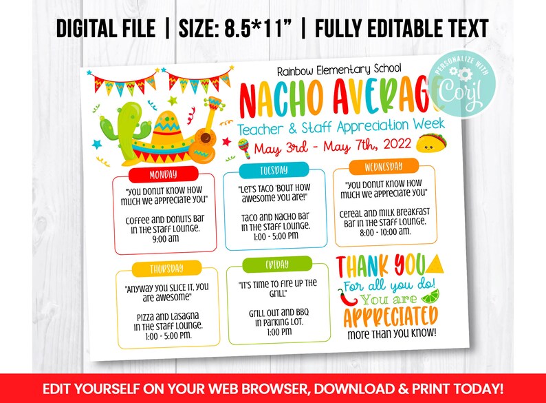 EDITABLE Teacher and Staff Appreciation Week Flyer Itinerary - Etsy