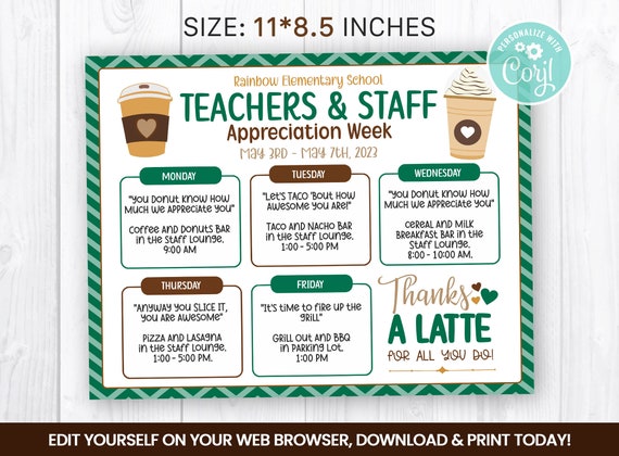 EDITABLE Coffee Teacher & Staff Appreciation Flyer, Latte Itinerary ...