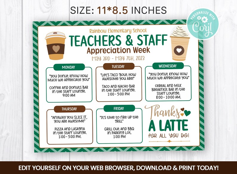 EDITABLE Coffee Teacher & Staff Appreciation Flyer, Latte Itinerary ...