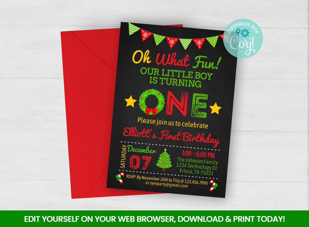 Editable Christmas First Birthday Invitation, Holiday Party Self ...