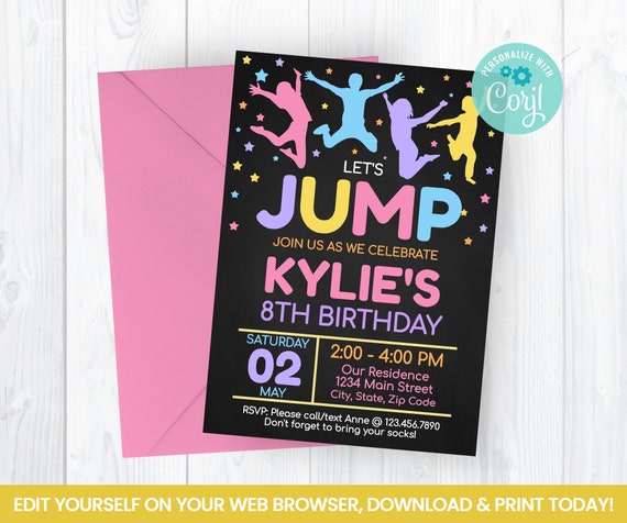 Editable Lets Jump Invitation Girly Self Editing Invite Chalkboard