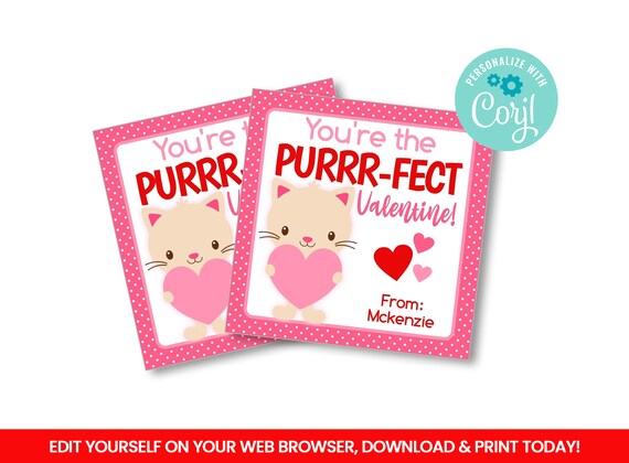 EDITABLE Kitty Square Tags, Cat Favor Treat Tags Ideas, Valentine Self ...