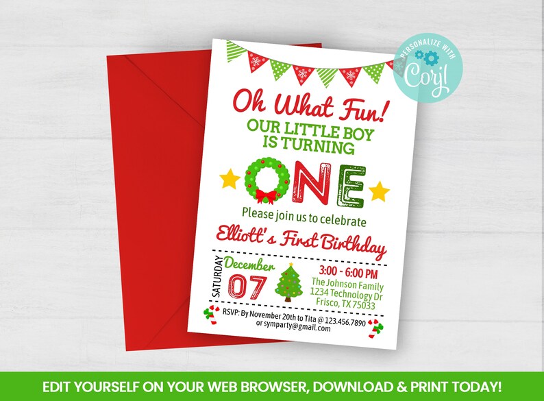 Editable Christmas First Birthday Invitation Holiday Party - Etsy