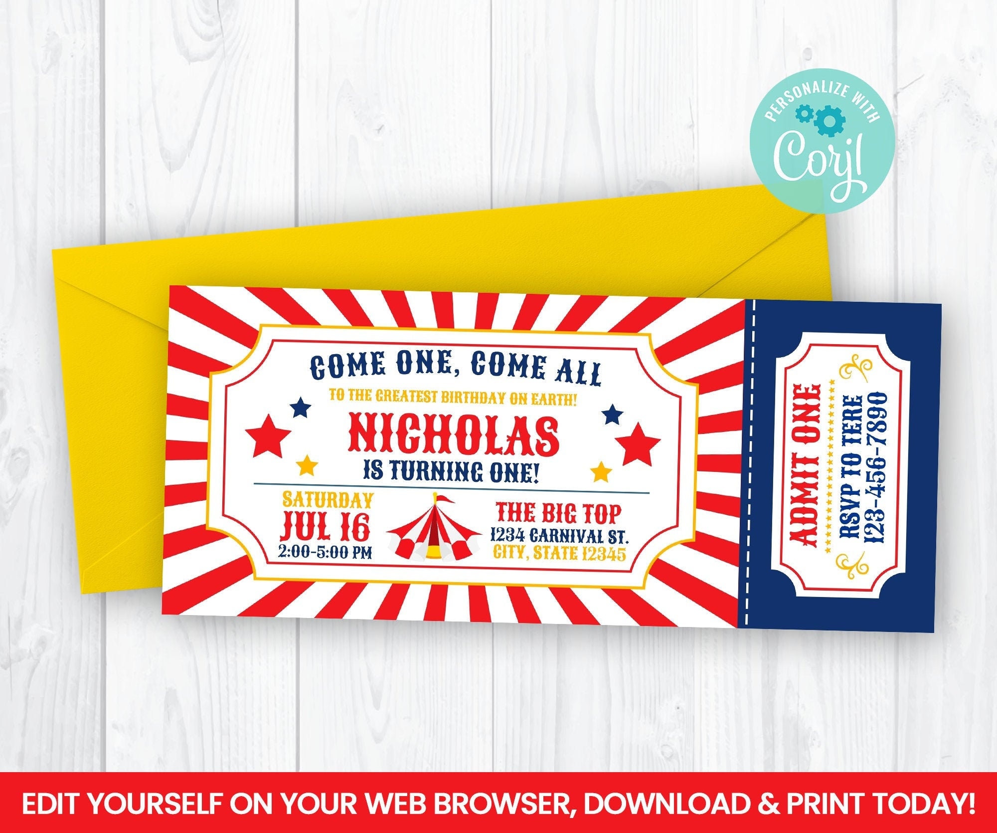 Editable Carnival Ticket Invitation Circus Boy Self Editing | Etsy