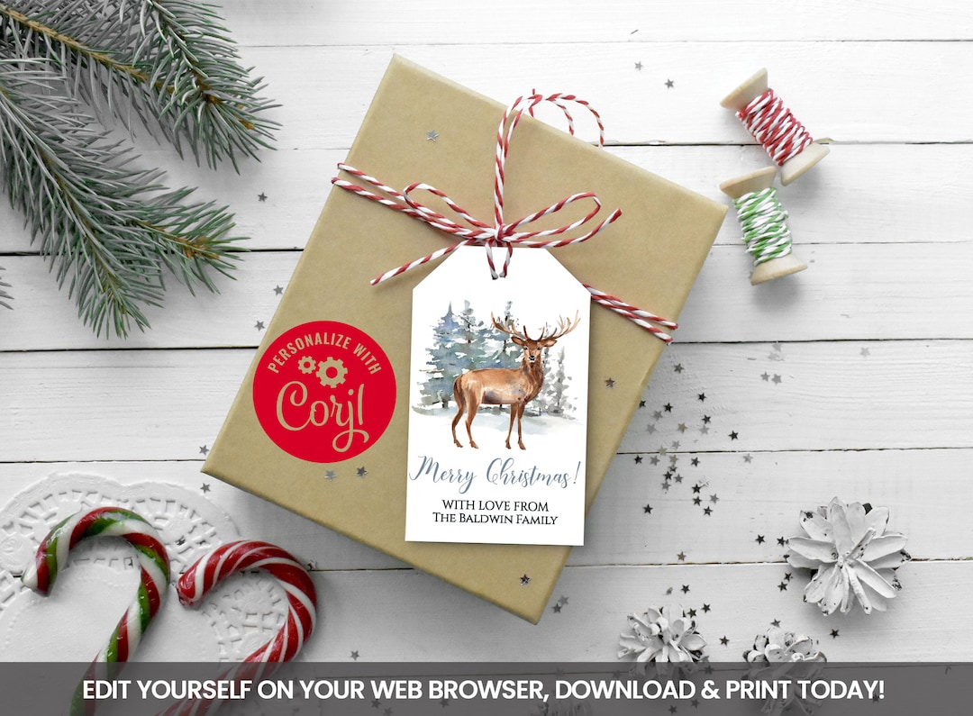 Editable Merry Christmas Deer Gift Tags Watercolor Forest - Etsy