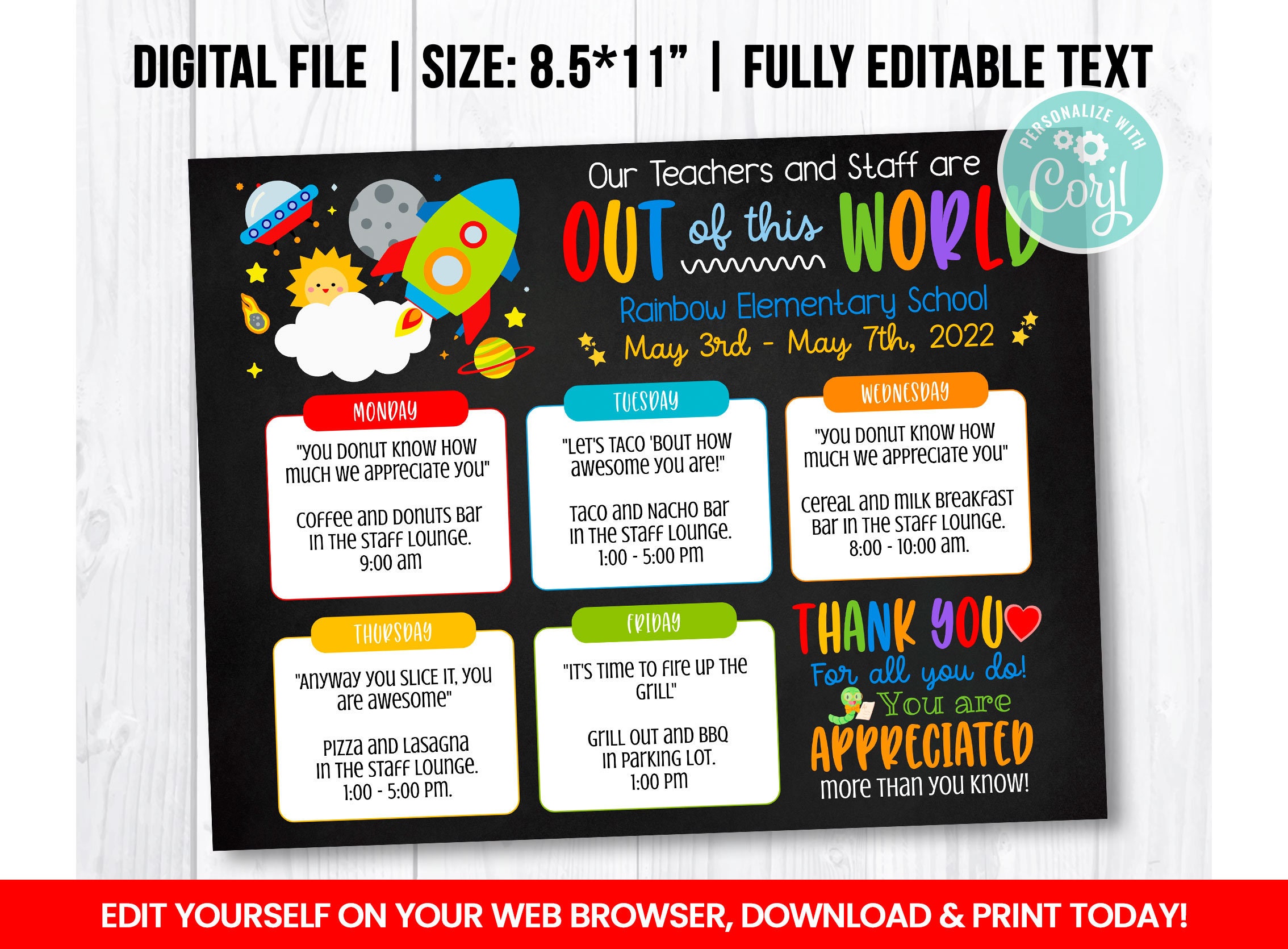 EDITABLE Teacher and Staff Appreciation Week Flyer Itinerary - Etsy